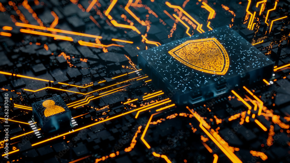 Security Technology Concept with shield symbol on a Microchip. Orange Neon Data flows between ...