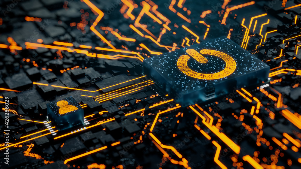 Activate Technology Concept with power symbol on a Microchip. Orange ...