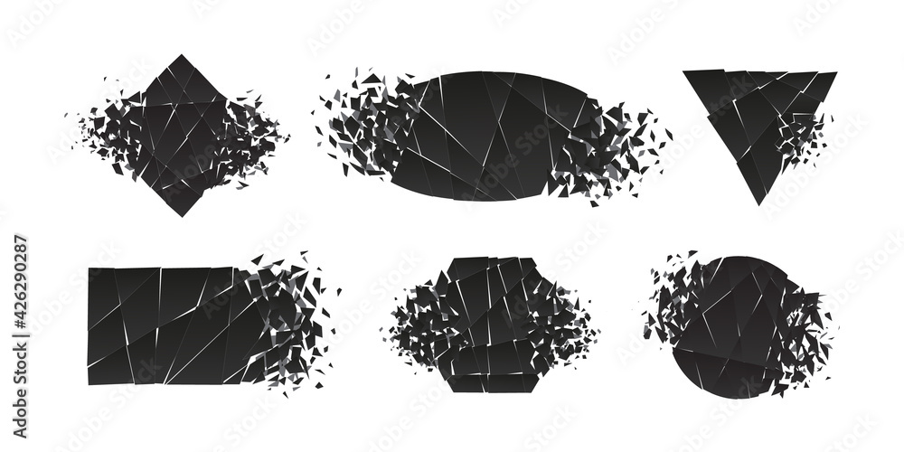 Shape shattered and explodes flat style design vector illustration set ...