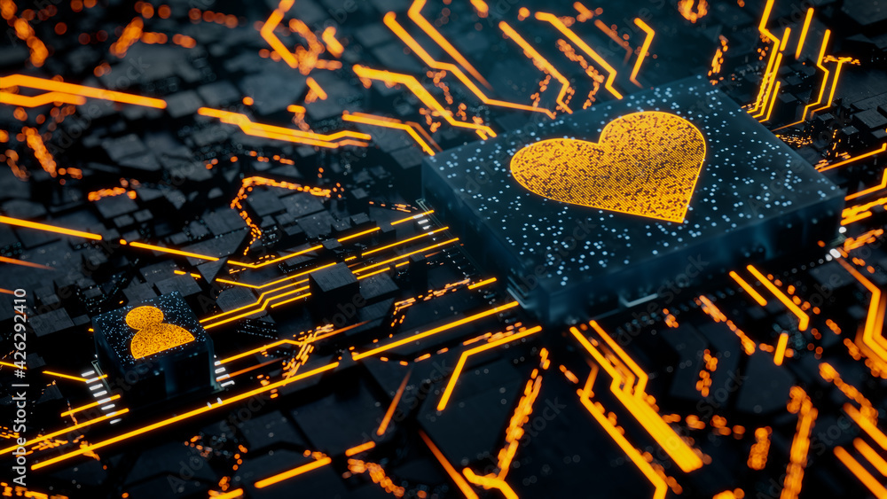 Love Technology Concept with heart symbol on a Microchip. Orange Neon ...
