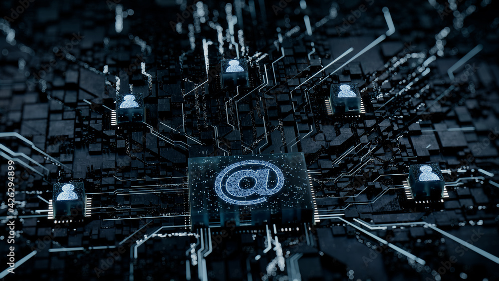 Email Technology Concept with @ symbol on a Microchip. White Neon Data ...