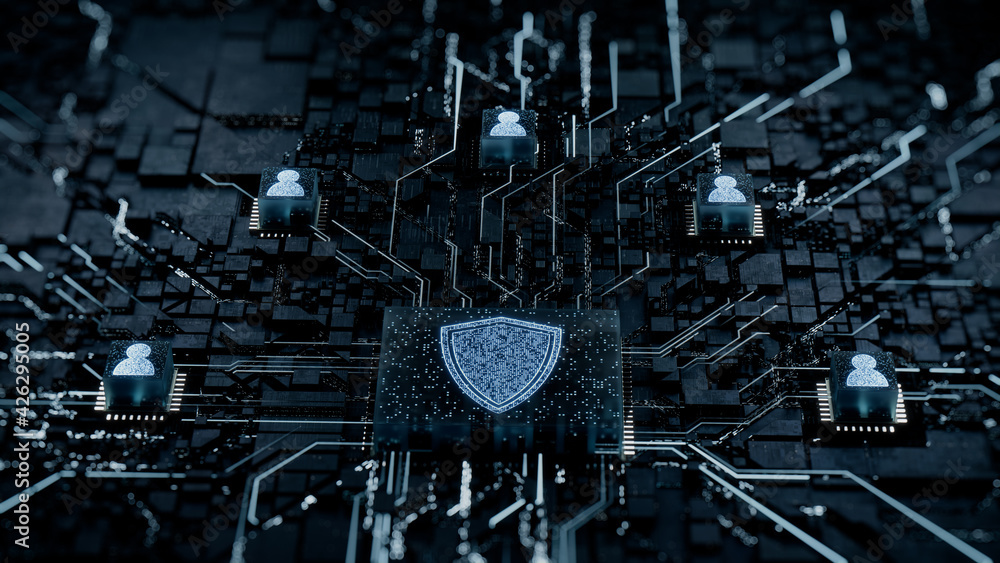 Security Technology Concept with shield symbol on a Microchip. White Neon Data flows between ...