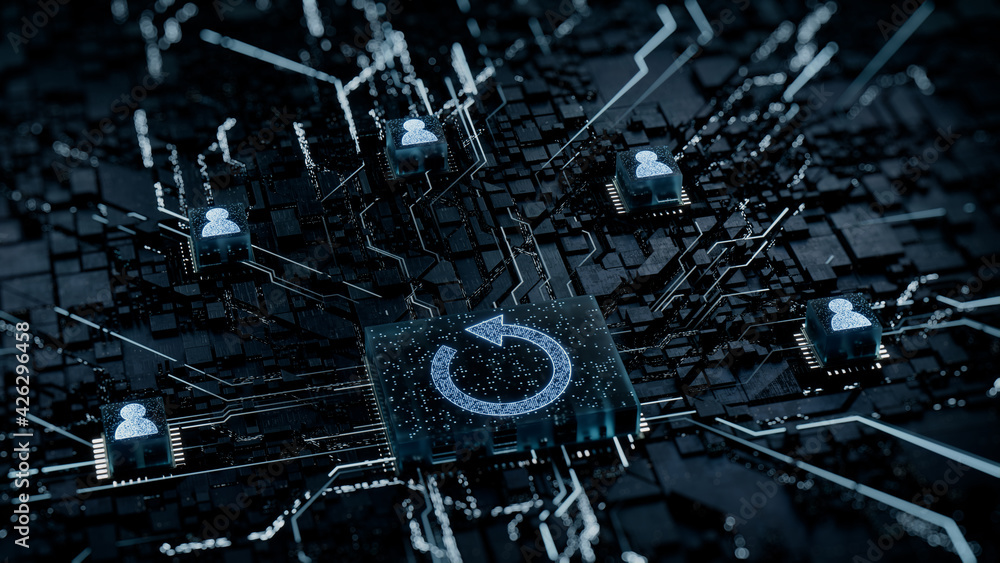 Reload Technology Concept with refresh symbol on a Microchip. White ...