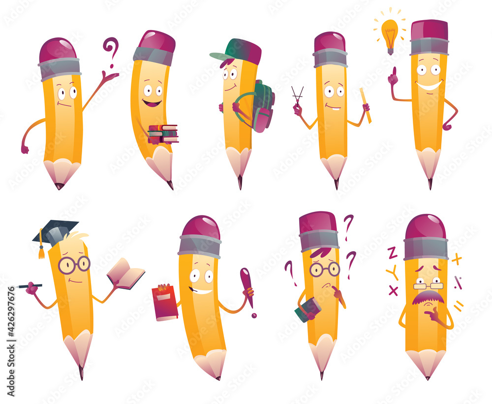 Pencil cartoon. Cute humanized pencil characters with arms and face ...
