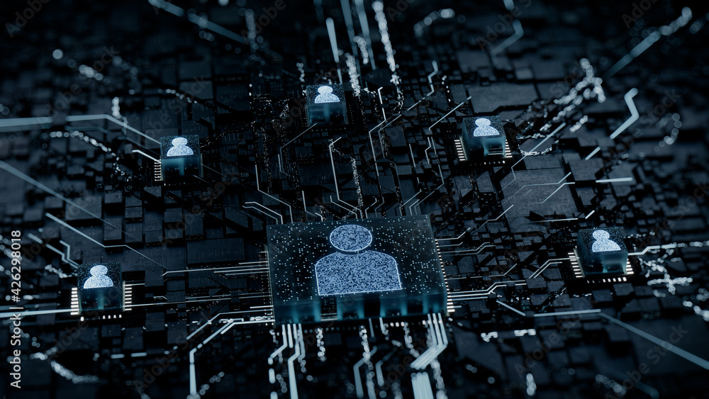 Social Technology Concept with user symbol on a Microchip. White Neon ...