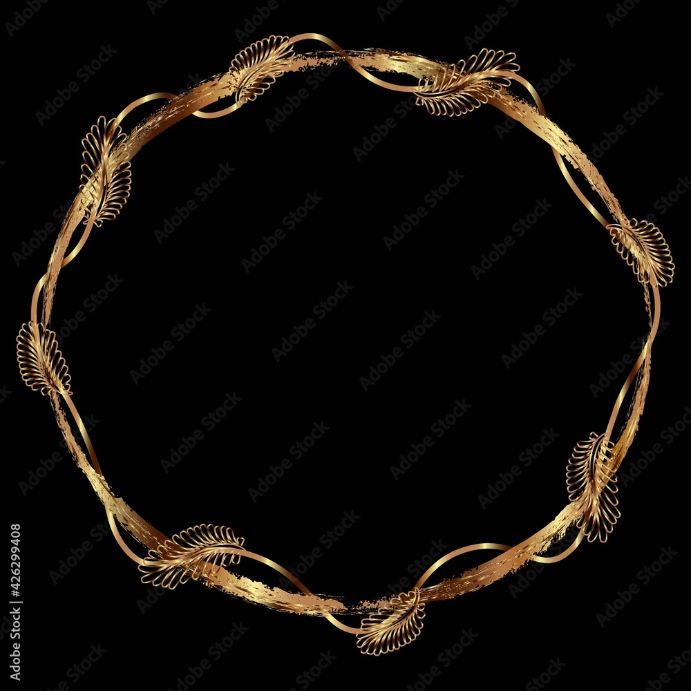 Elegant round gold frame on a black background. Drawn textured borders ...