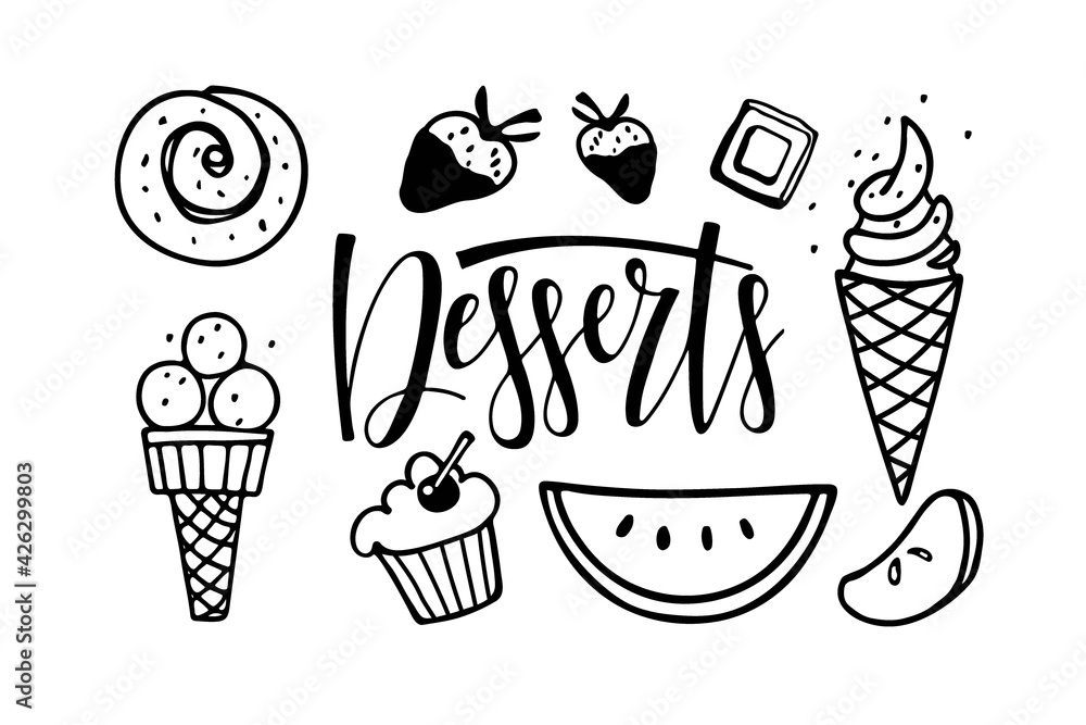 Desserts text isolated. Frame with different kinds of desserts. Ice ...