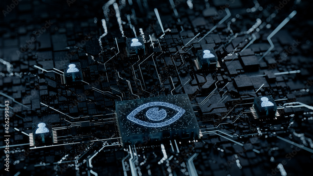 Vision Technology Concept with eye symbol on a Microchip. White Neon ...