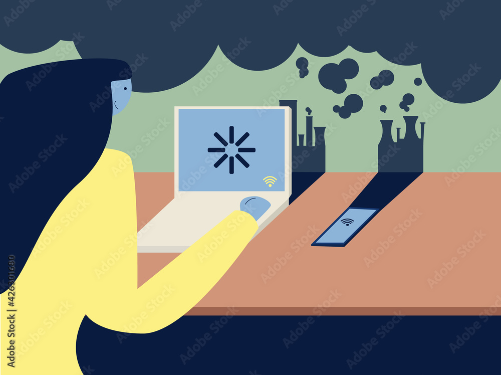 Digital footprint concept. Girl with laptop connected to internet. Data ...