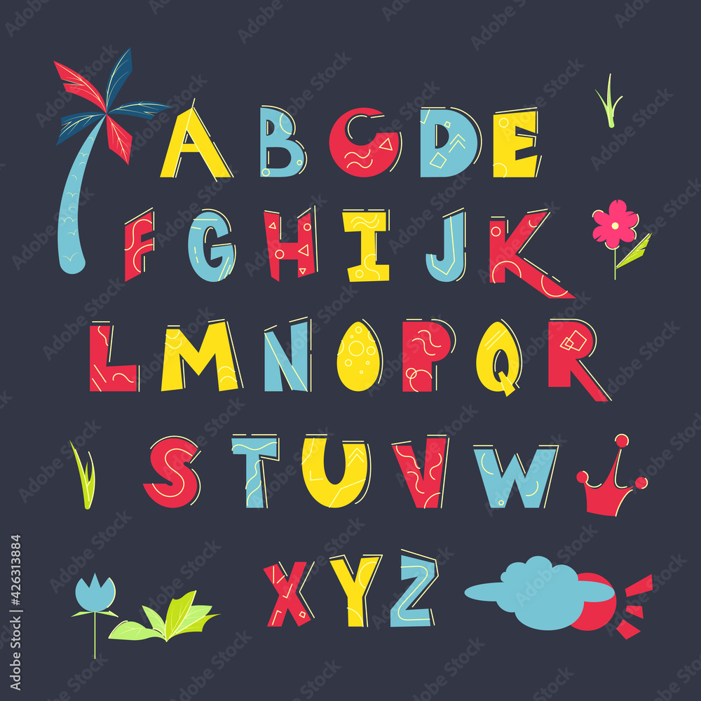 Hand drawn doodle abc alphabet, cut out font. Vector illustration ...