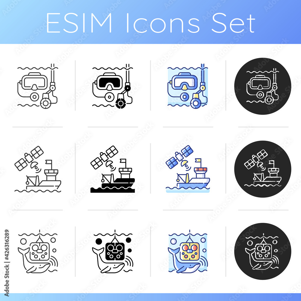 Marine exploration icons set. Underwater archaeology tools. Ship ...