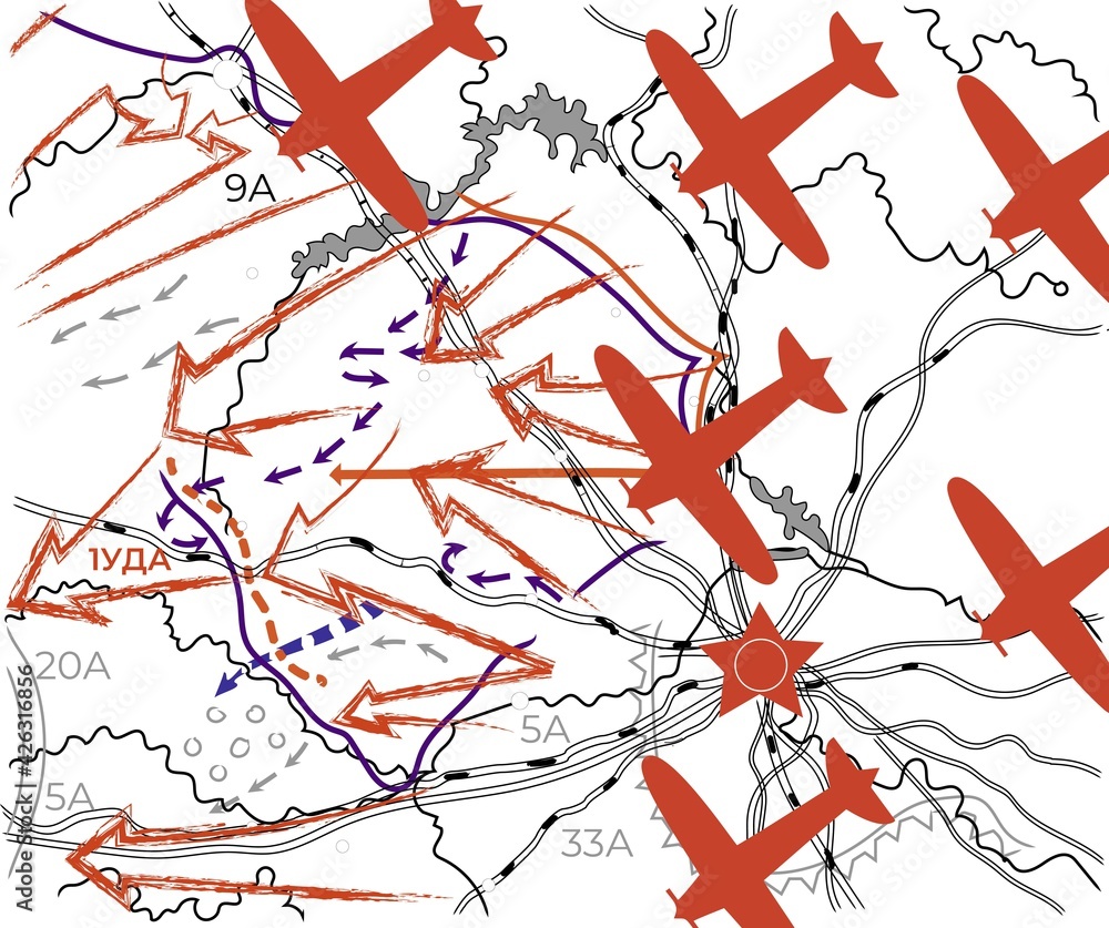 Map of the World War 2 offensive of the Red Army and flying planes ...