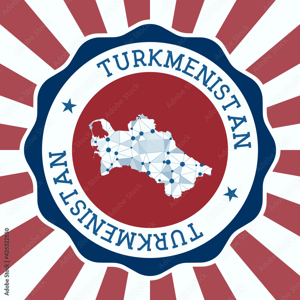 Turkmenistan Badge. Round logo of country with triangular mesh map and ...