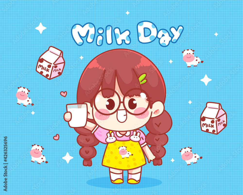 Cute girl smiling holding glass of milk in hand, Milk day cartoon art ...