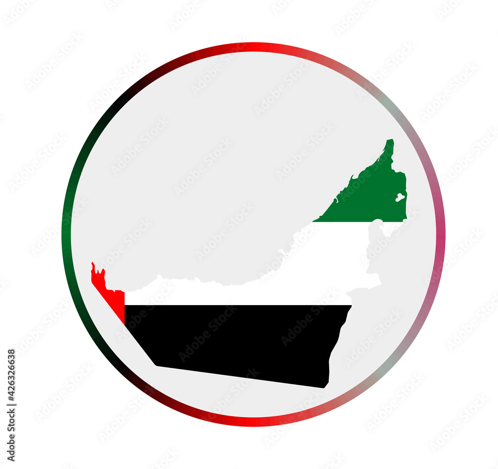 UAE icon. Shape of the country with UAE flag. Round sign with flag ...