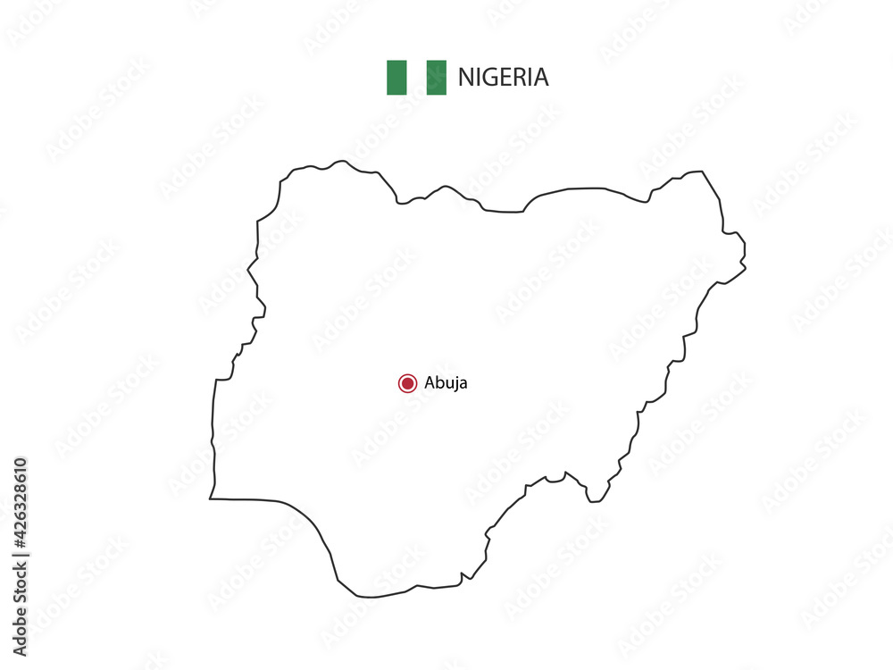 Hand draw thin black line vector of Nigeria Map with capital city Abuja ...
