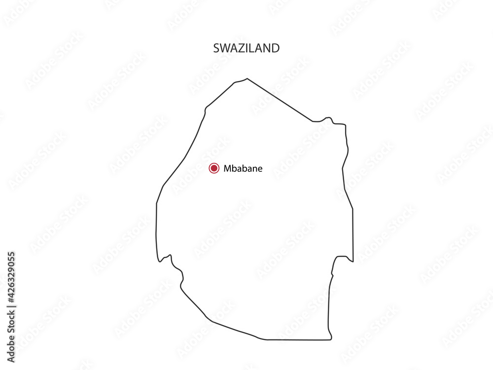 Hand draw thin black line vector of Swaziland Map with capital city ...