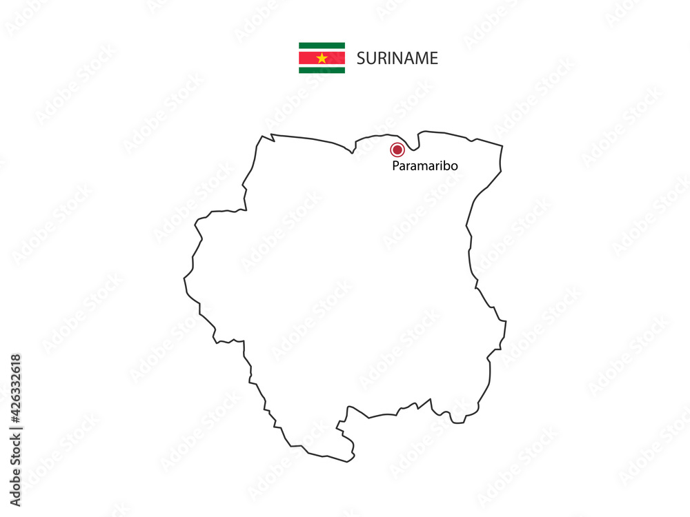 Hand draw thin black line vector of Suriname Map with capital city ...