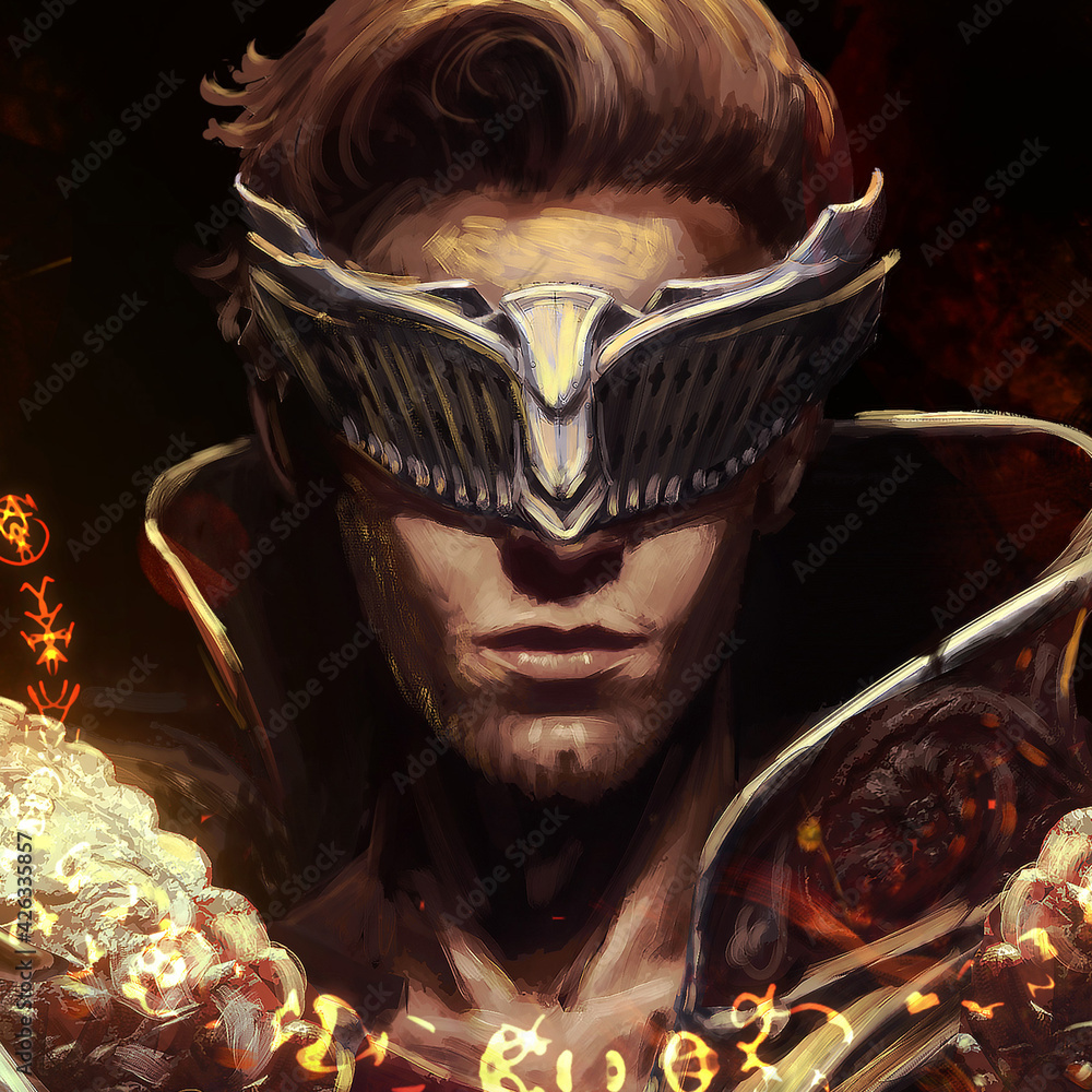 Portrait of a brave warrior in an unusual iron mask that covers his ...