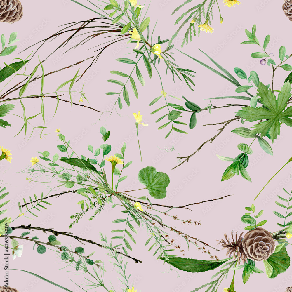 Seamless floral pattern with watercolor forest plants and flowers ...