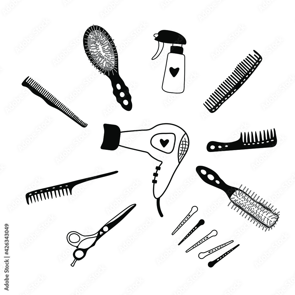 Hand-drawn hairdressing items, tools, scissors, comb, pulverizer, clip ...