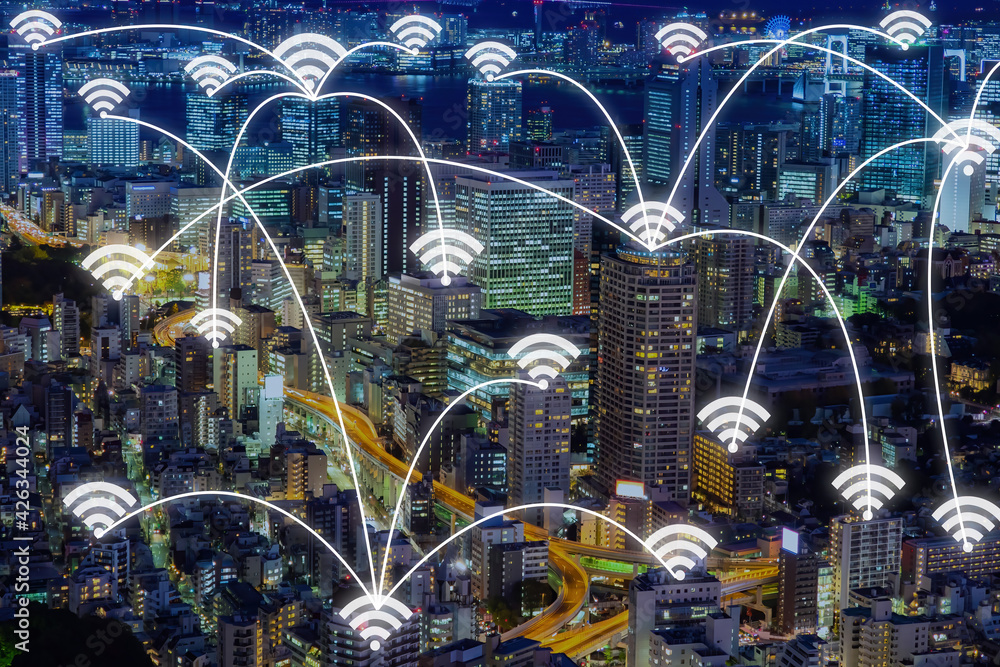 Wireless Internet. Lines go from one WiFi icon to another. WiFi icons ...