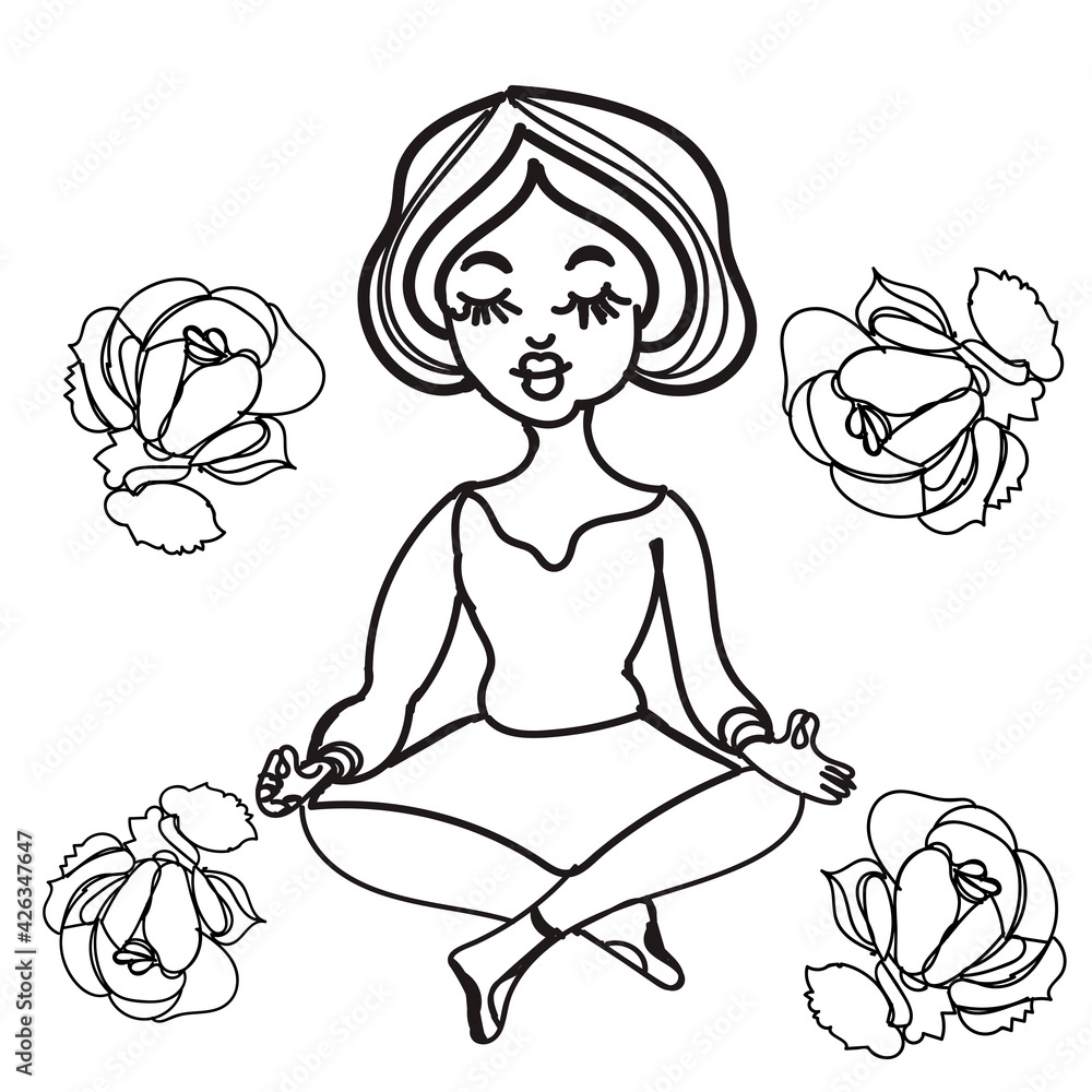 Cute girl in yoga pose. Adult coloring page. roses around. Black and ...