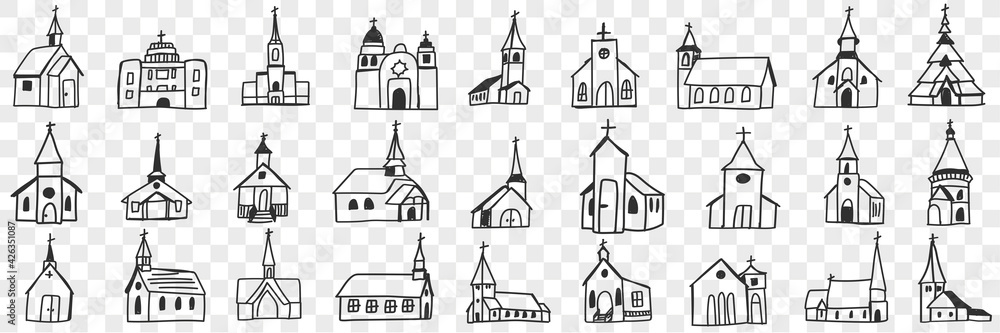 Church facades with towers doodle set. Collection of hand drawn various ...