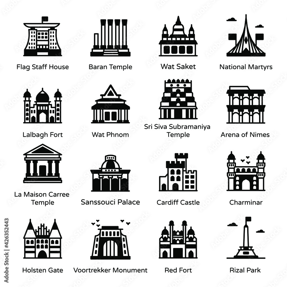 Solid Icons of Famous Landmarks and Monuments Pack Stock Vector | Adobe ...