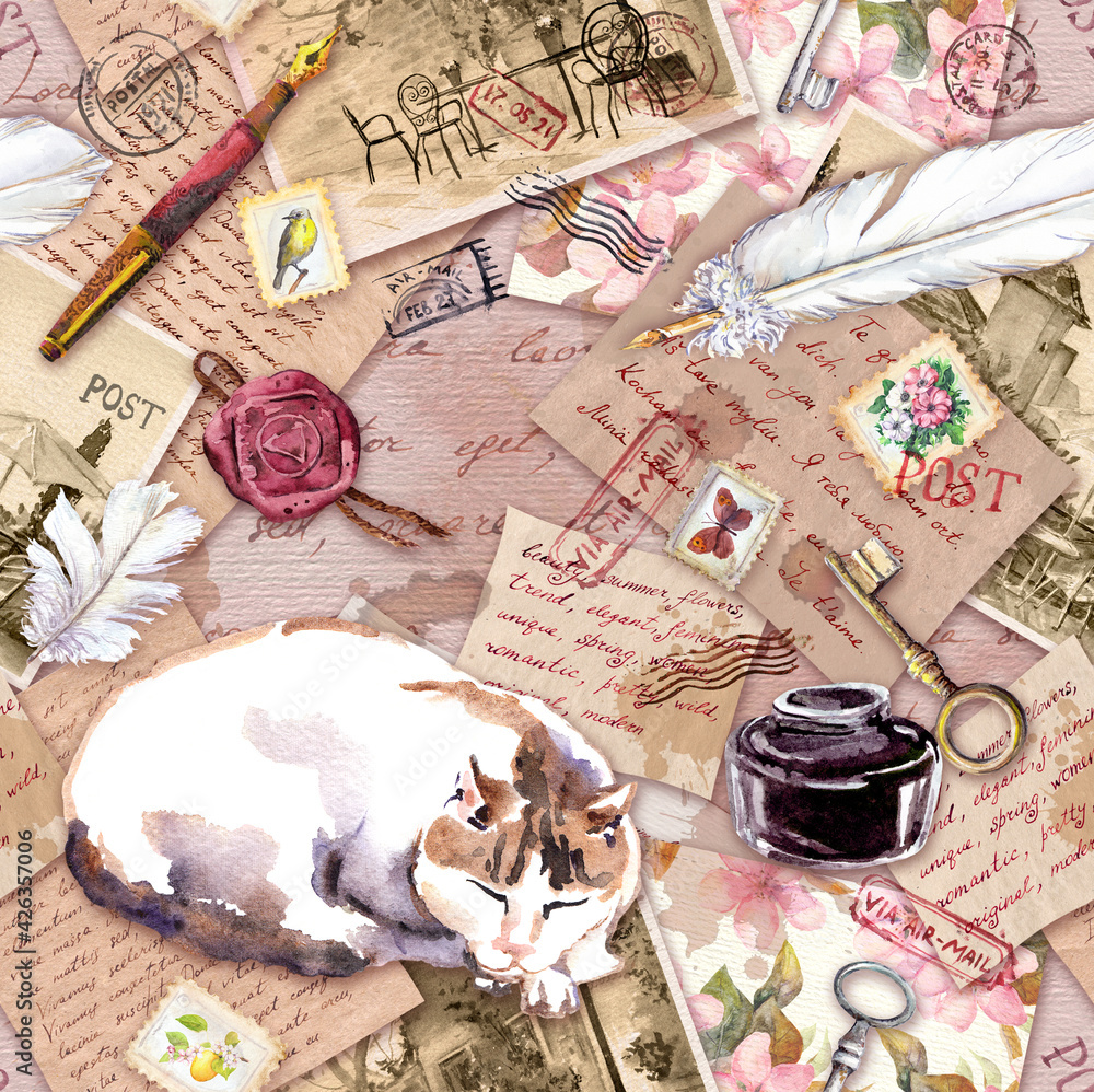 Vintage letters, writing feather, ink bottle, old paper, cat. Seamless ...
