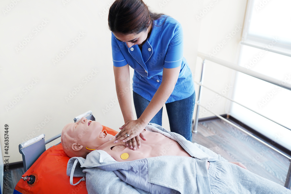 Nursing student learning how to rescue the patients in emergency. CPR ...