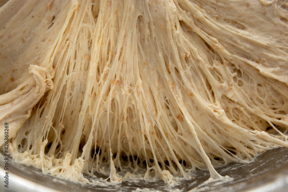 Dough fermented dough. Gluten structure texture close up. Baking at ...