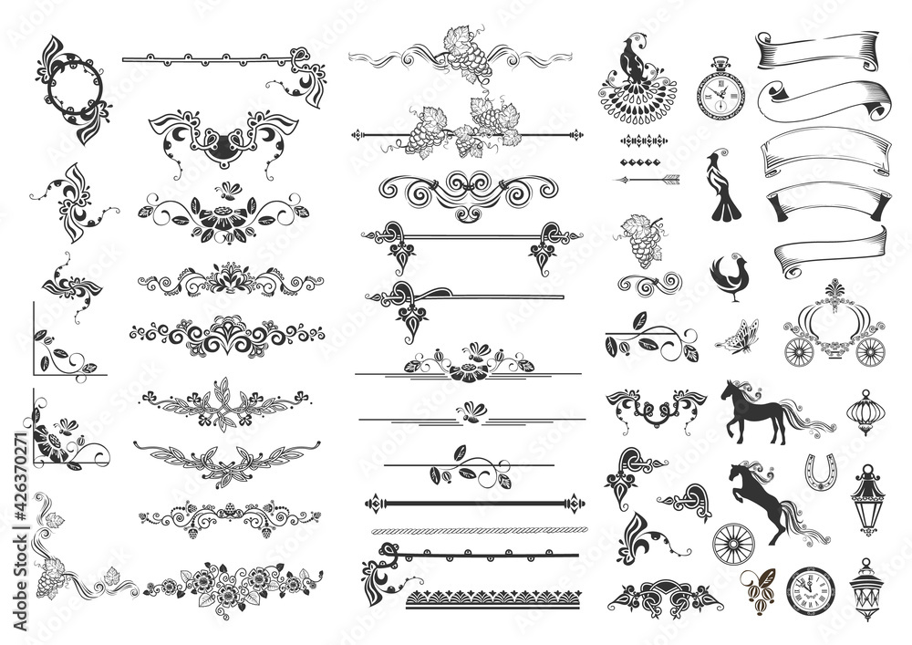 Large set of vintage ribbon, dividers, birds, horses, carriage, clocks ...