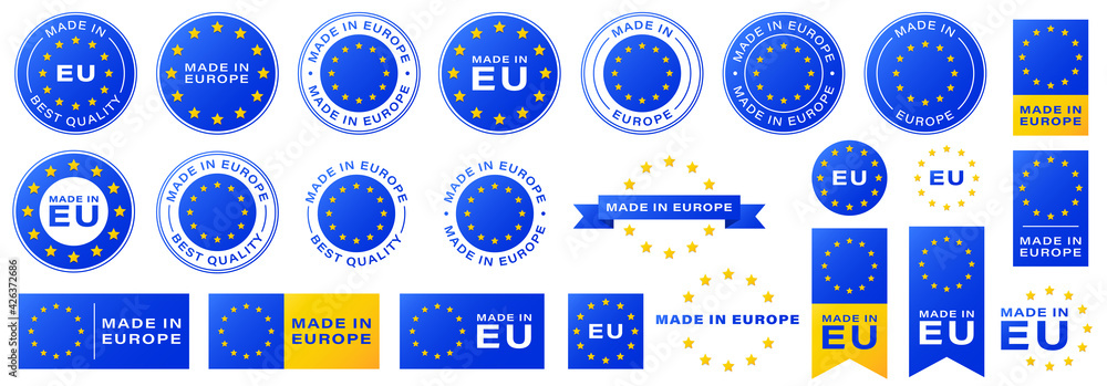 Labeling - Made in Europe. Stamps and tapes with yellow stars for ...