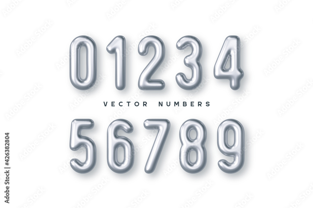 Silver numbers vector set. 3d realistic metal characters. Decorative ...