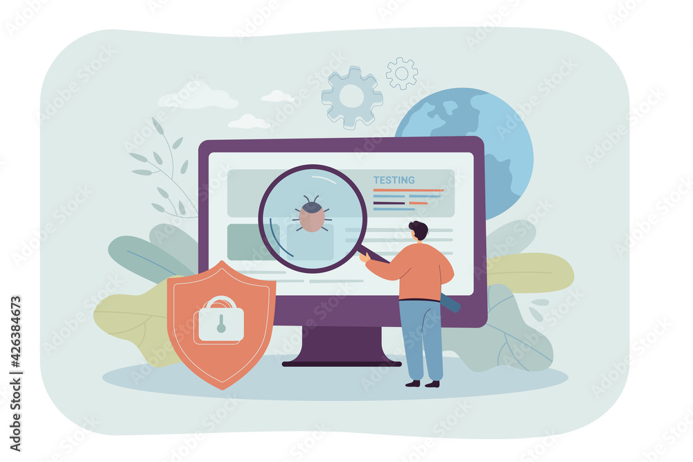 Cartoon metaphor of software assurance application or service. Flat ...