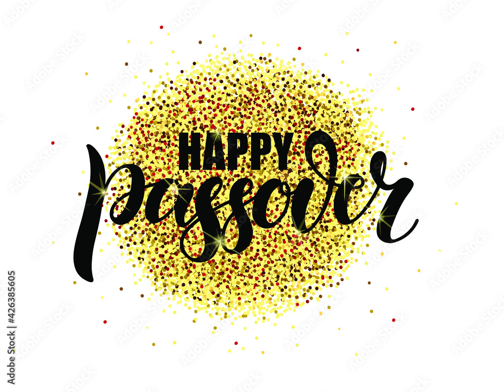 Happy Passover illustration with black greeting text on the golden ...