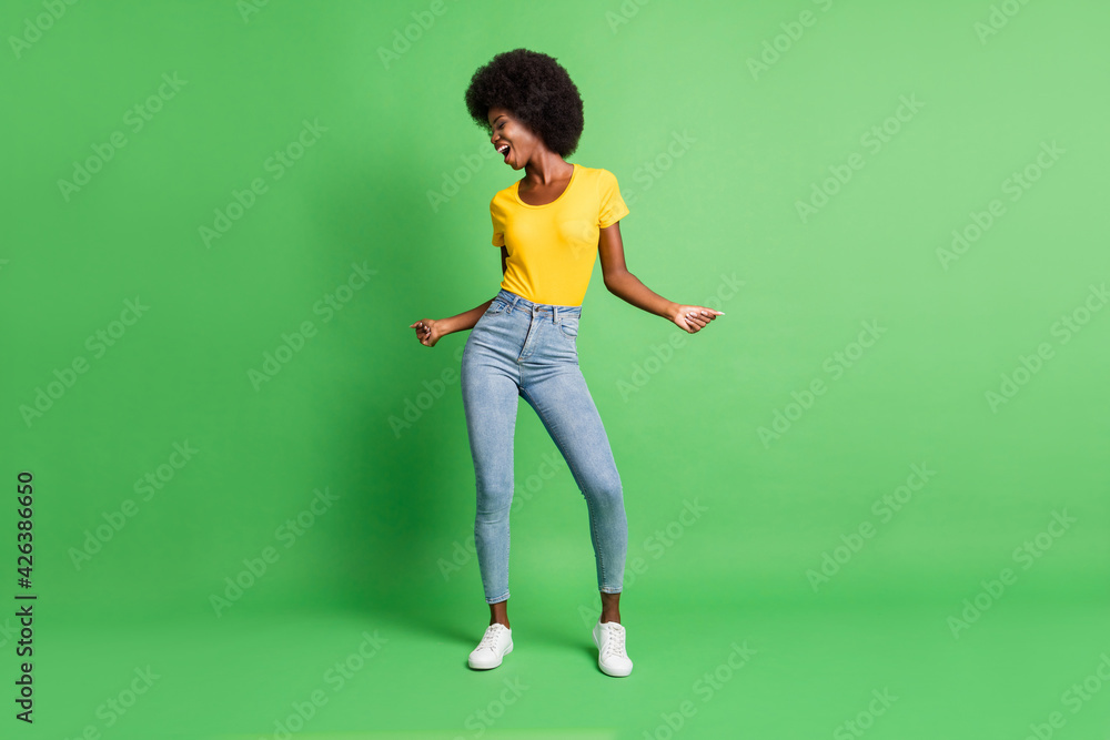 Full length body size photo of dancing woman singing spending free time ...