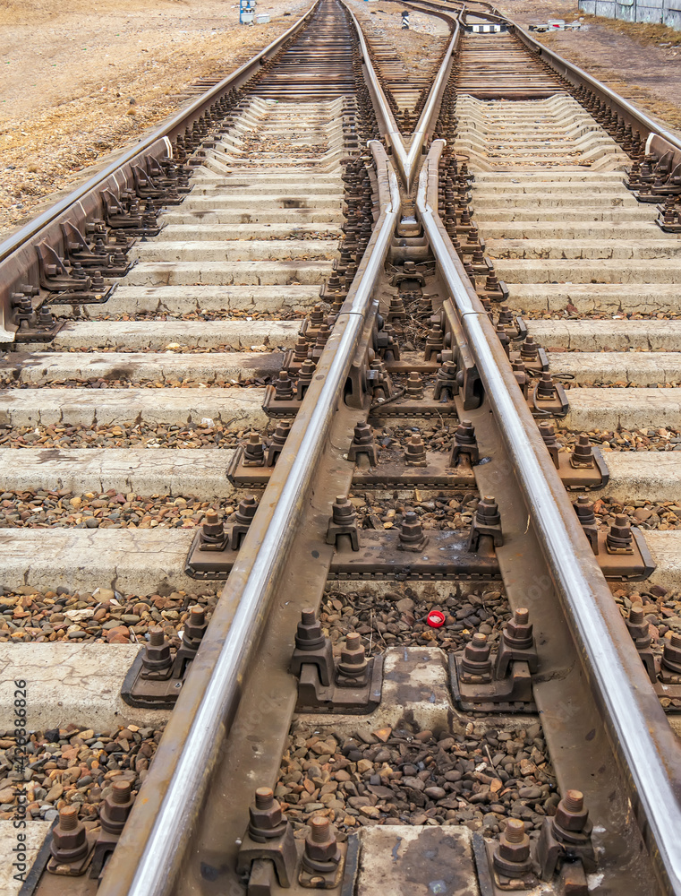 Frog (common crossing) of rails on the Trans-Siberian Railroad. Close ...