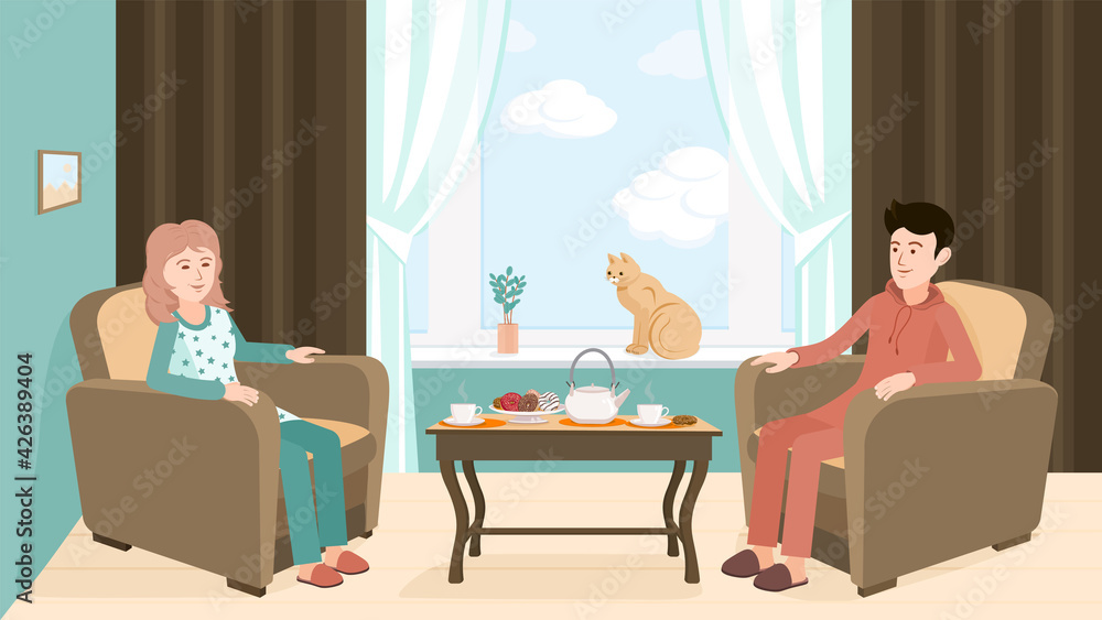The family is at home. Vector image of a man, a woman and a cat for ...