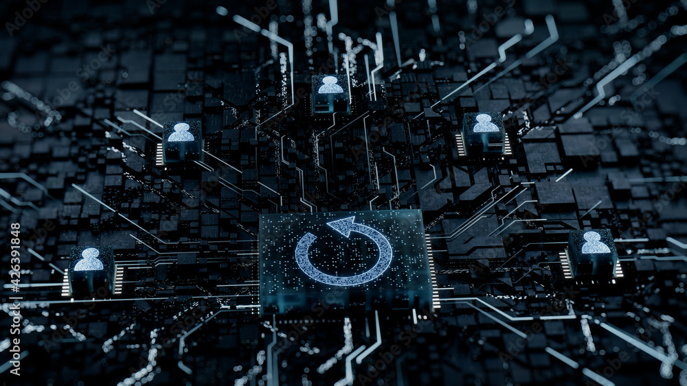 Reload Technology Concept with refresh symbol on a Microchip. White ...