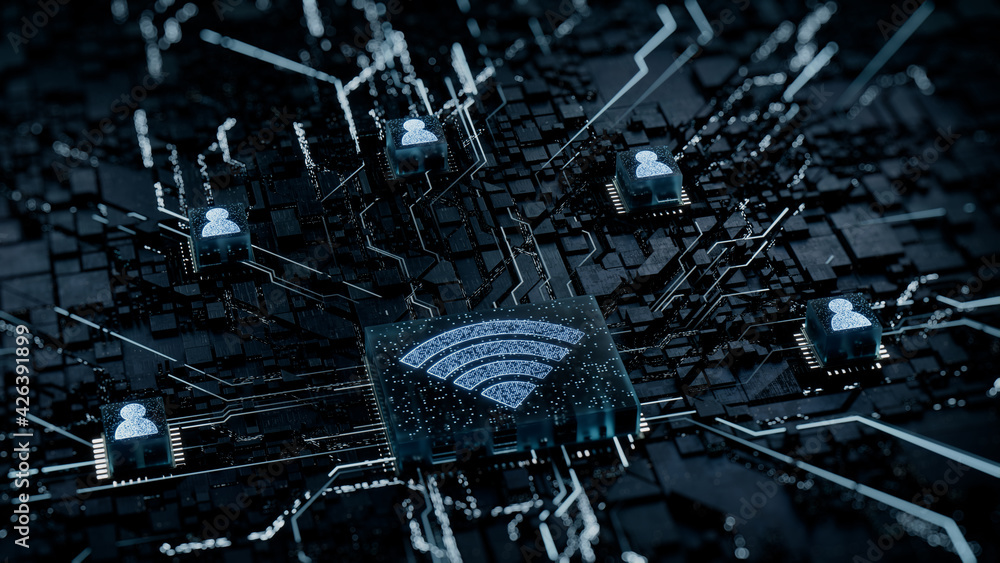 Wireless Technology Concept with wifi symbol on a Microchip. White Neon ...