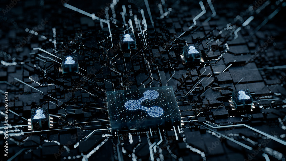 Network Technology Concept with share symbol on a Microchip. White Neon ...