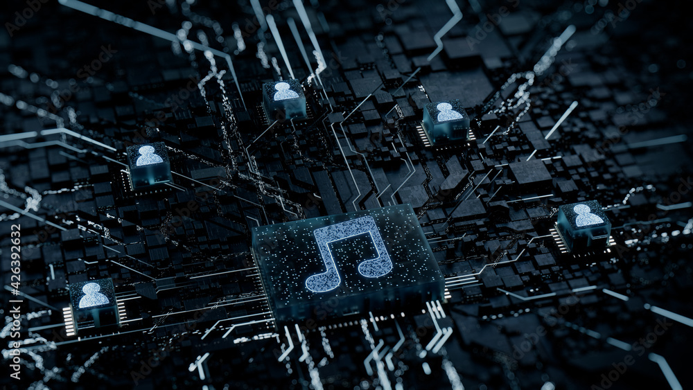 Audio Technology Concept with music symbol on a Microchip. White Neon ...