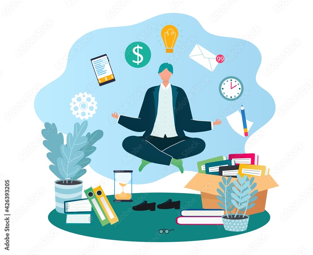 Workplace man in office with business paper work, pile folders, files ...