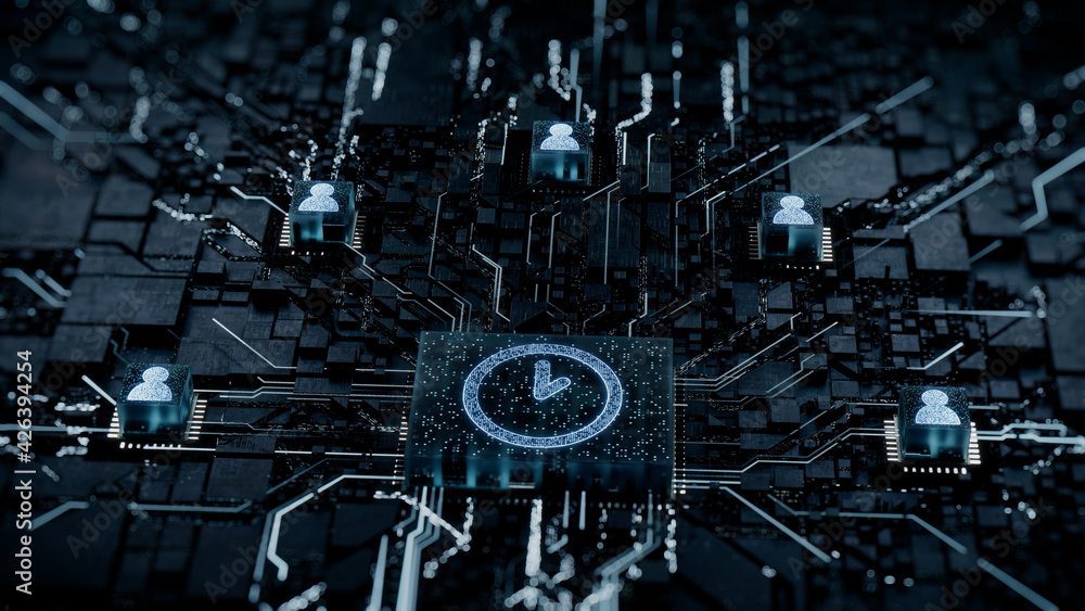 Time Technology Concept with clock symbol on a Microchip. White Neon ...