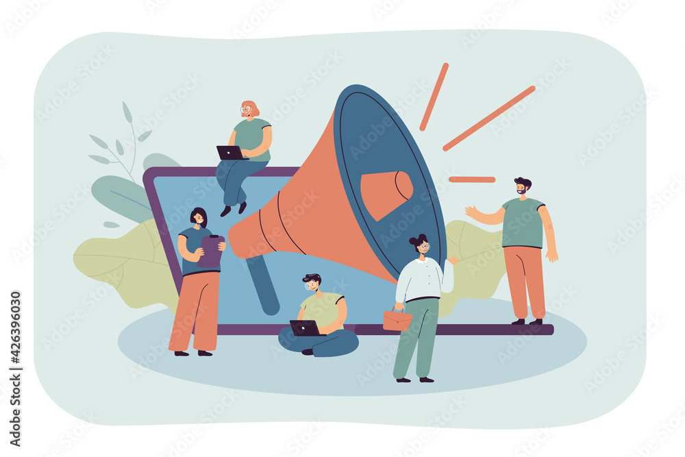 Cartoon tiny managers with giant loudspeaker and laptop. Flat vector ...