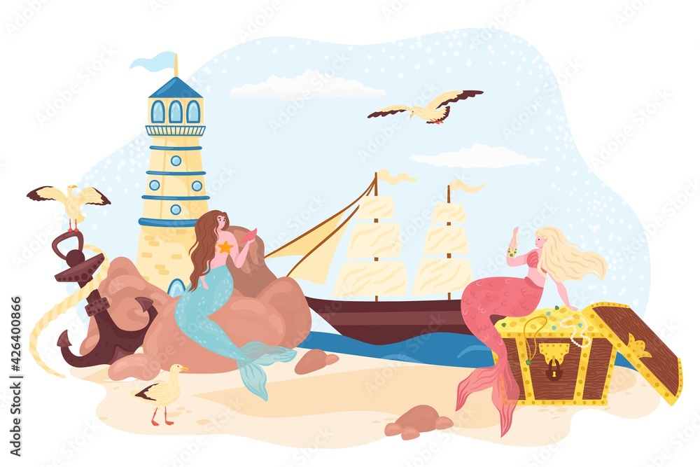 Mermaid at sea shore, vector illustration. Cartoon girl character with ...