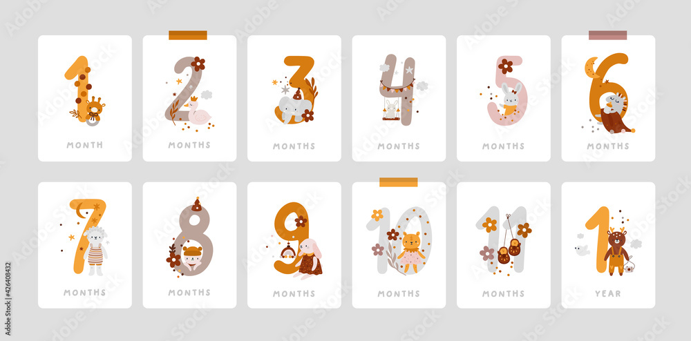 Baby milestone cards with cute animals and numbers for newborn girl or ...