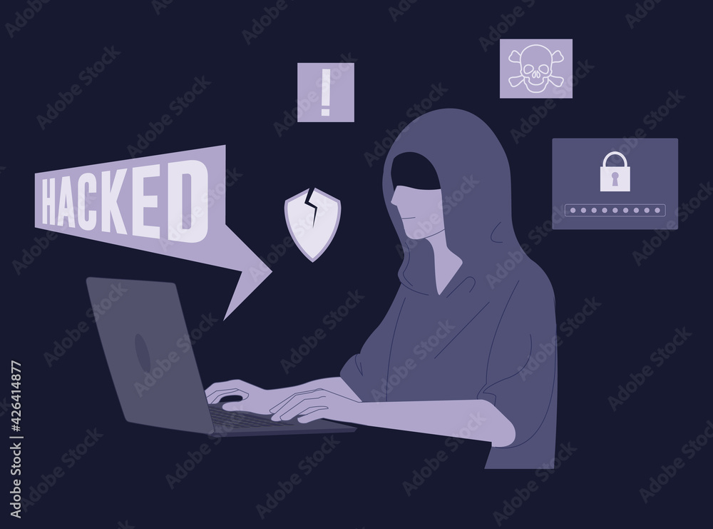 Hacker next to laptop hacking system. Vector illustration Cartoon flat ...